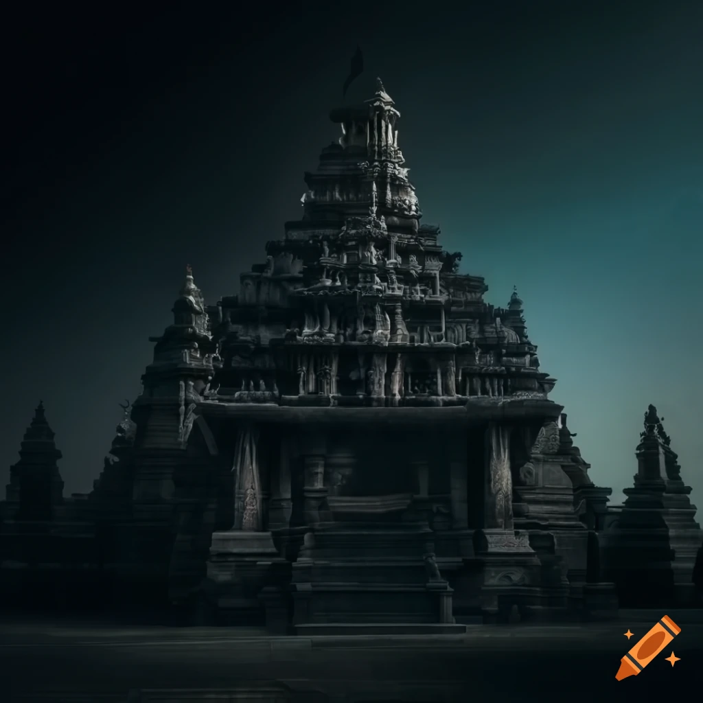 Front entrance of a dark temple in a desert city on Craiyon