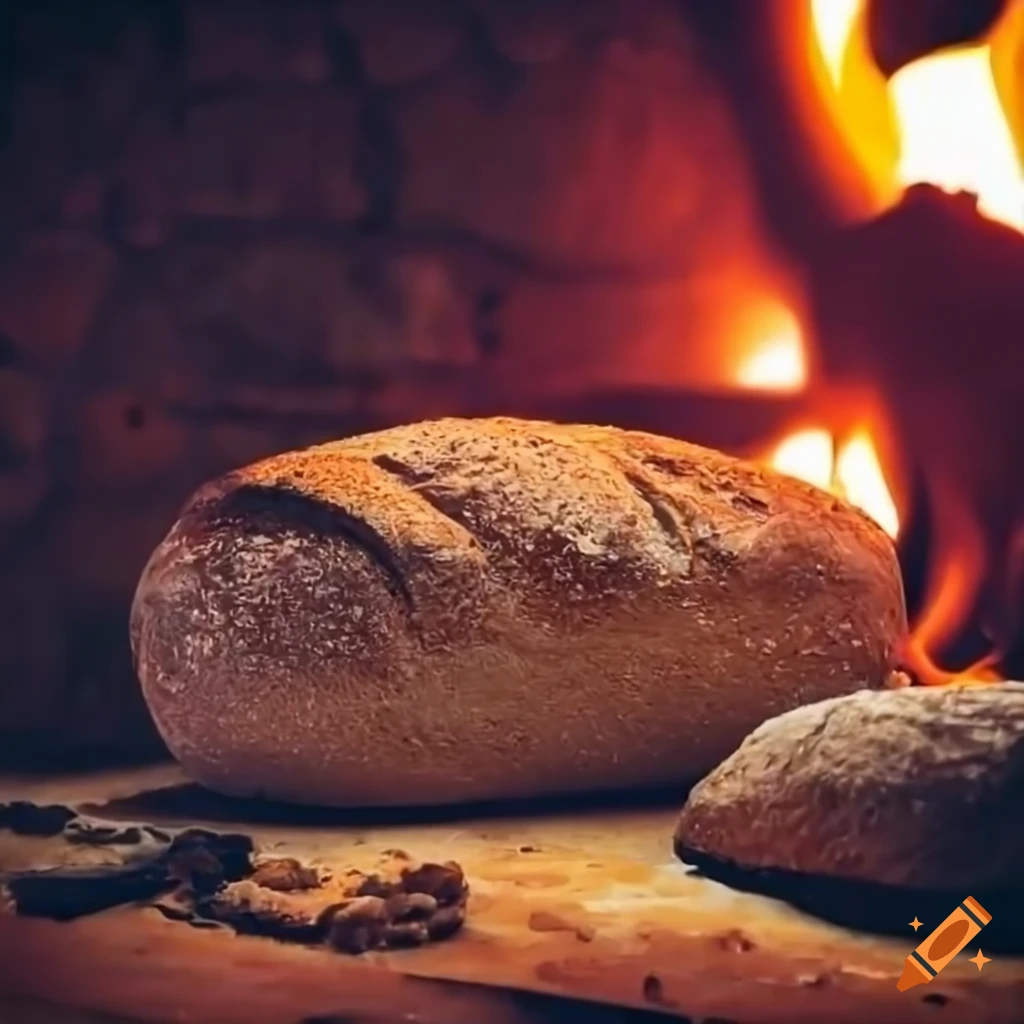 Close-up of a loaf of bread in front of a stone oven on Craiyon