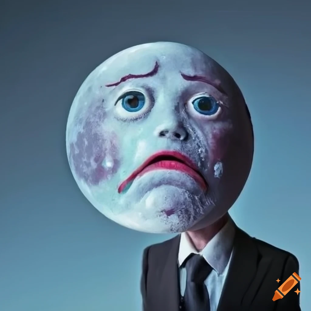 Artistic illustration of a sad moon in a suit on Craiyon