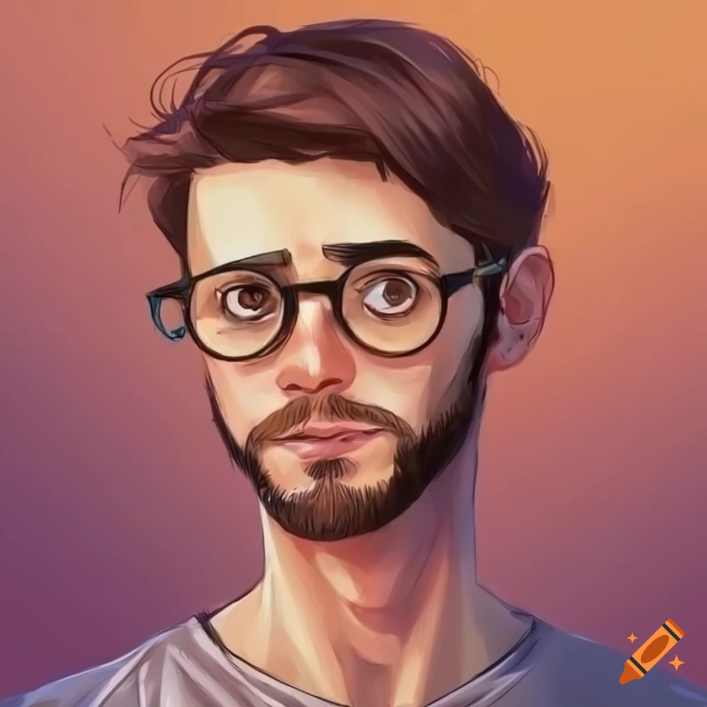 Illustration of a young man with brown hair, round glasses, and beard ...