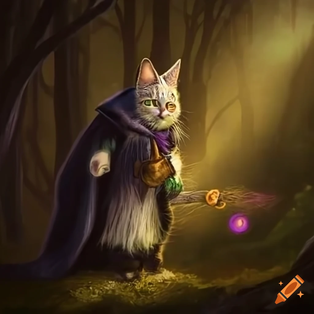 Cat wizard with magic staff and dragon in the background on Craiyon