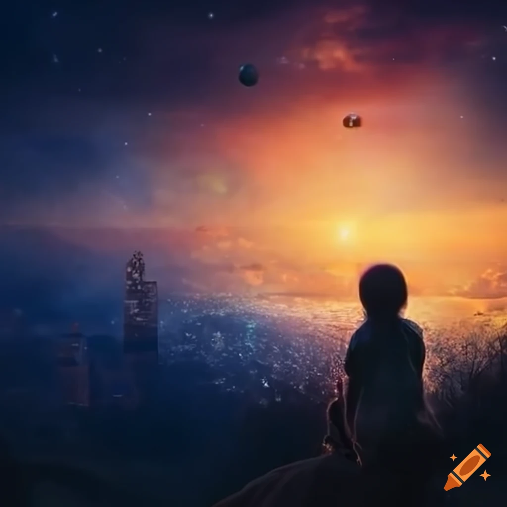 Magical factory city seen from a hill at night