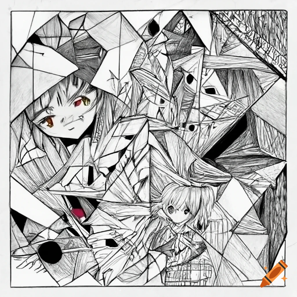 Black and white anime with geometric shapes on Craiyon