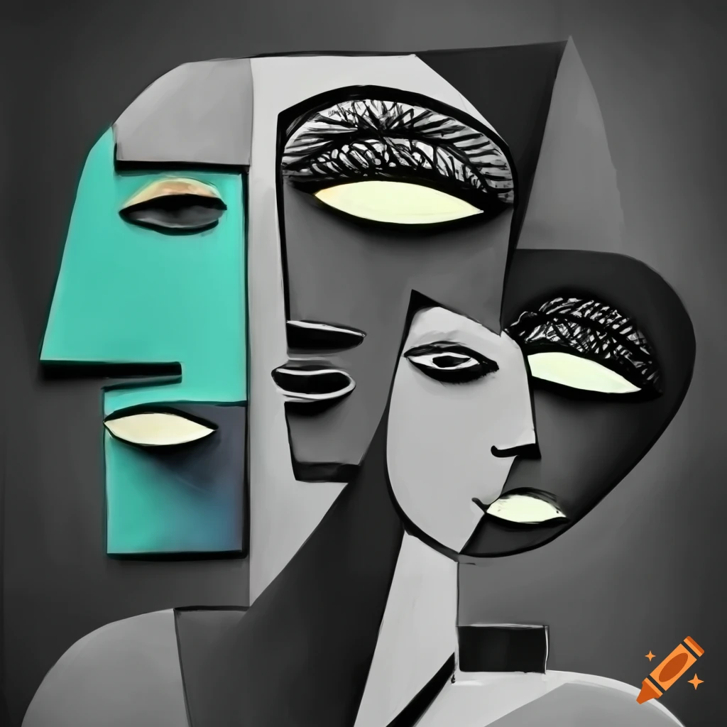 Black and white cubist surrealist art with orange, green, and blue ...