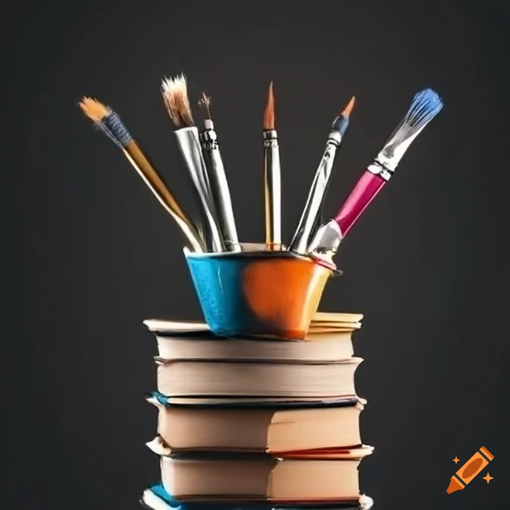Arrangement of paintbrushes on books on Craiyon