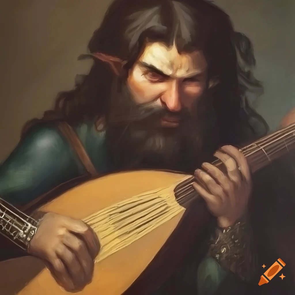 Dnd half-orc bard with lute battle axe on Craiyon