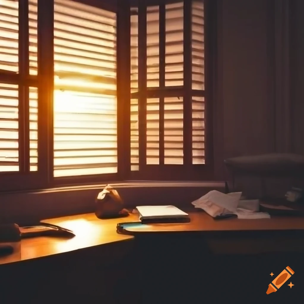 Sunset light shining through window blinds in a dark room on Craiyon