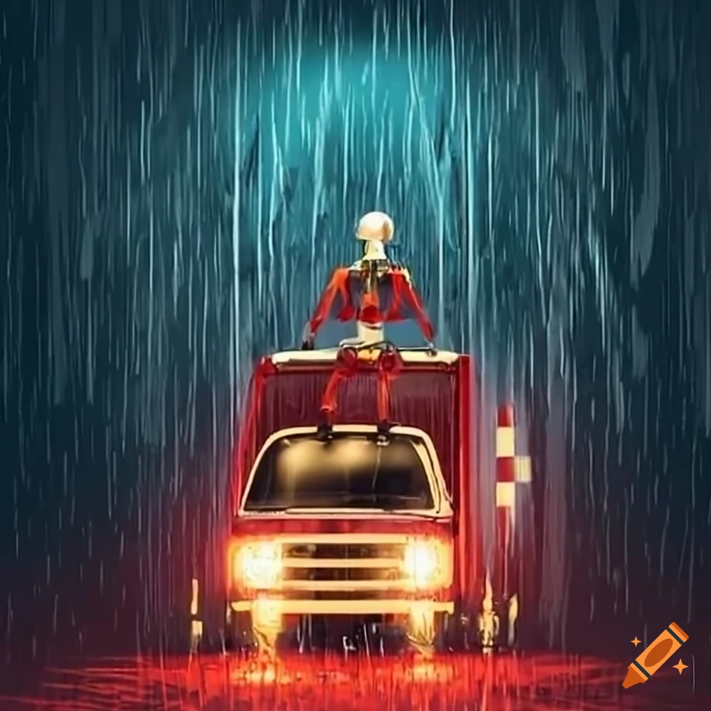 Skeleton paramedic driving an ambulance in the rain