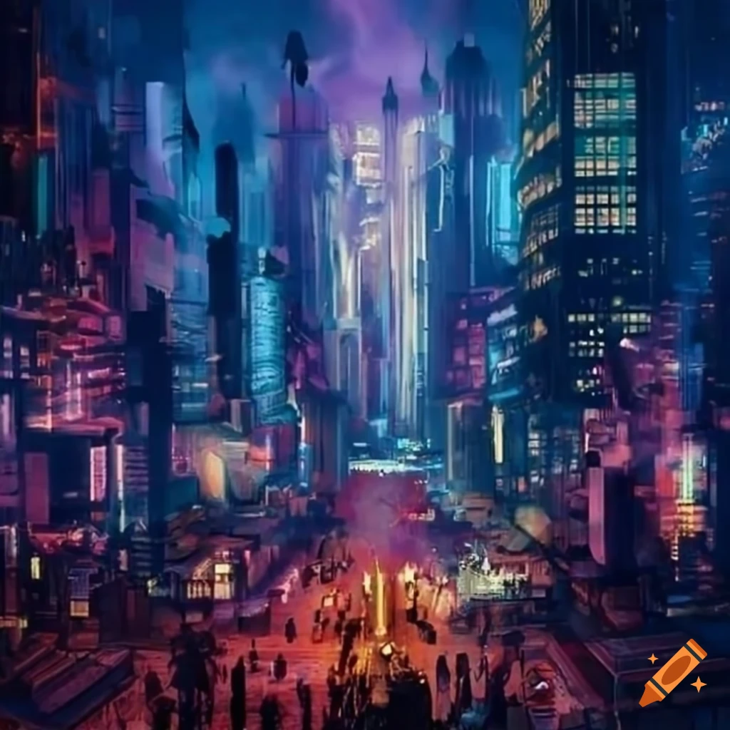 Artwork depicting a bustling metropolis of humans and fantastical ...