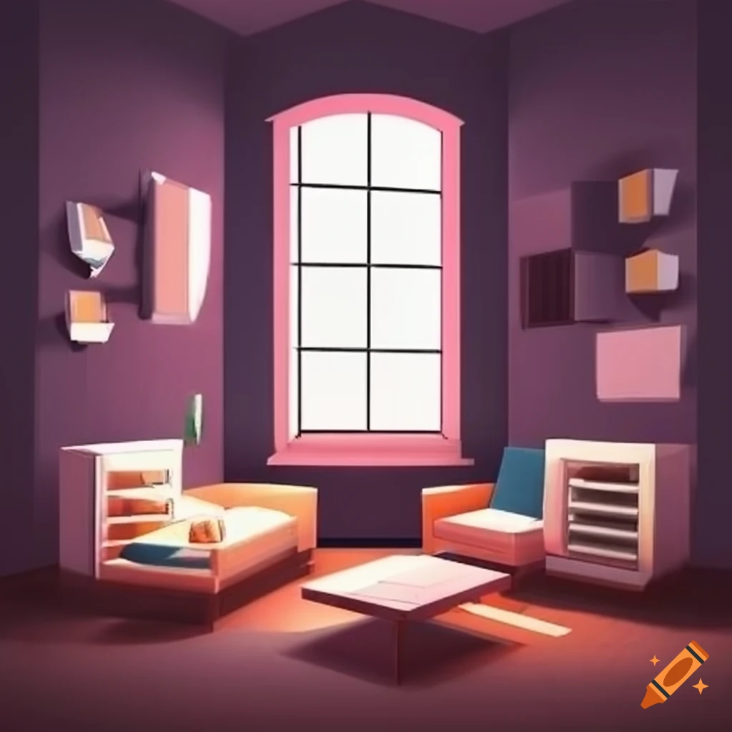Isometric illustration of a cozy cube room with a couch and aircon