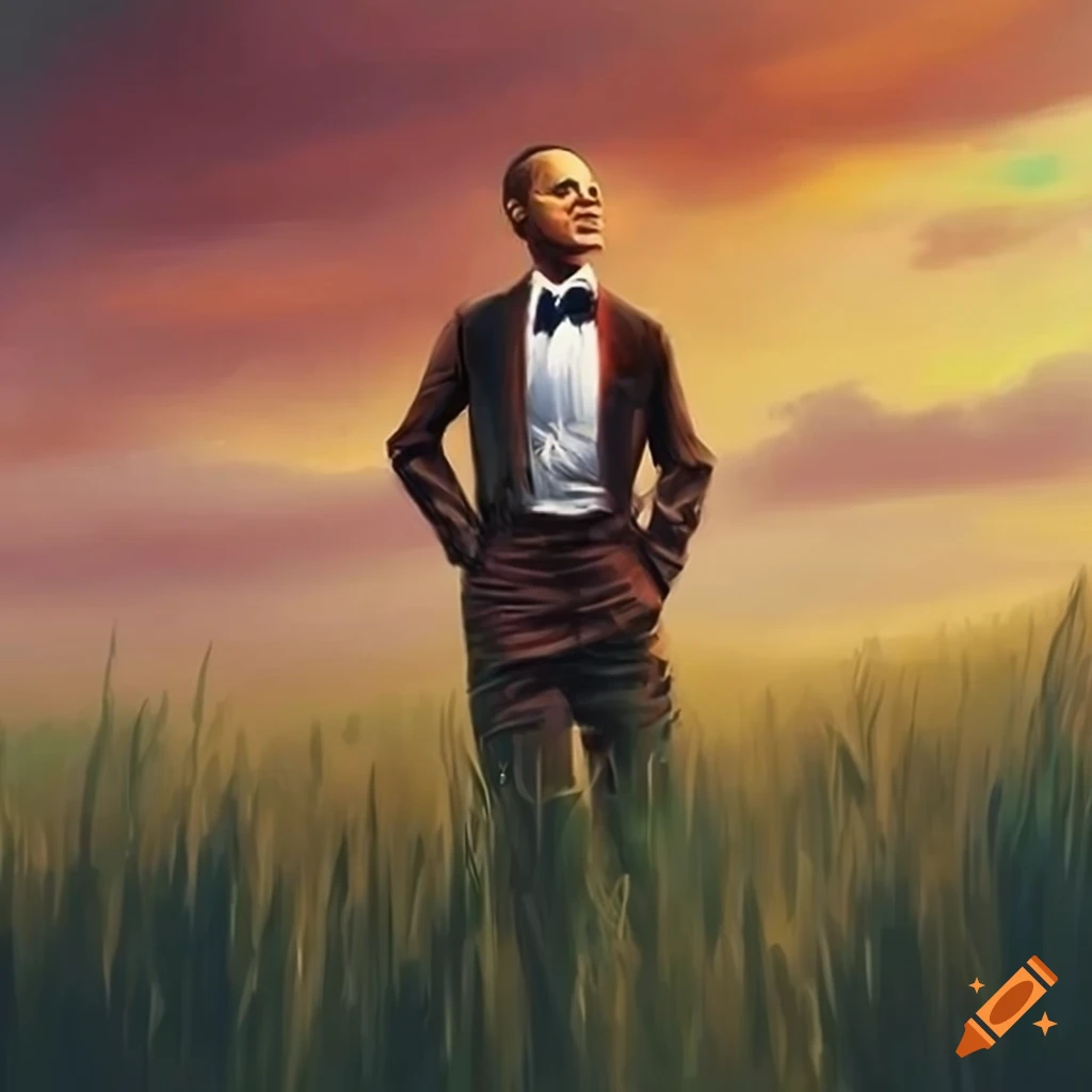 Canvas painting of a brown man in formal attire standing in a grassy ...