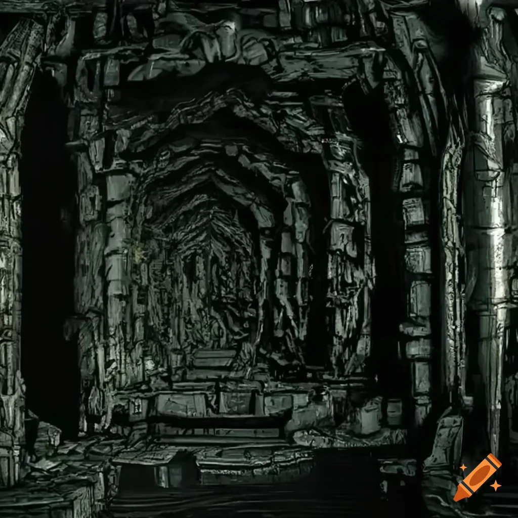 Dark and eerie ruins resembling h.r. giger's alien artwork on Craiyon