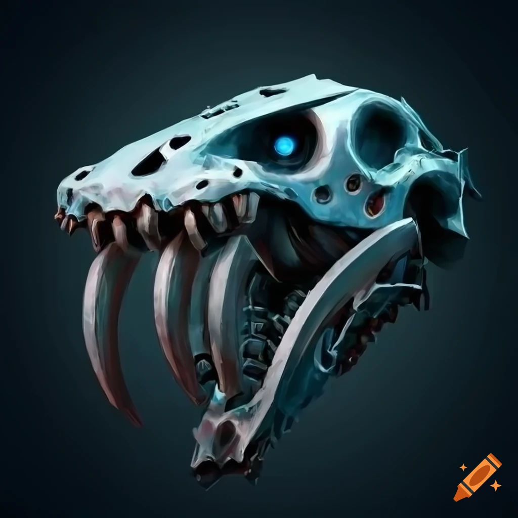 Skull of a dark fantasy robot saber tooth tiger on Craiyon