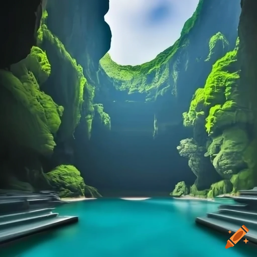 Image of a hydro cube in a lush cave on Craiyon