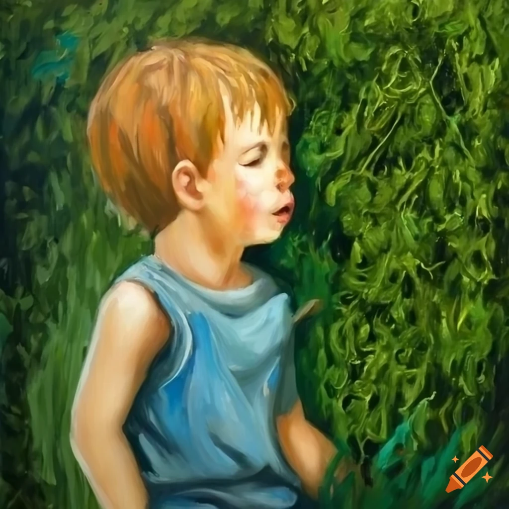 Abstract oil painting of a teenage boy in a blue storm on Craiyon