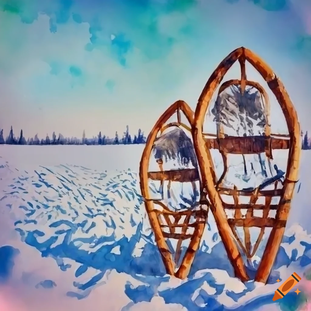 Watercolor painting of crossed snowshoes in snow on Craiyon