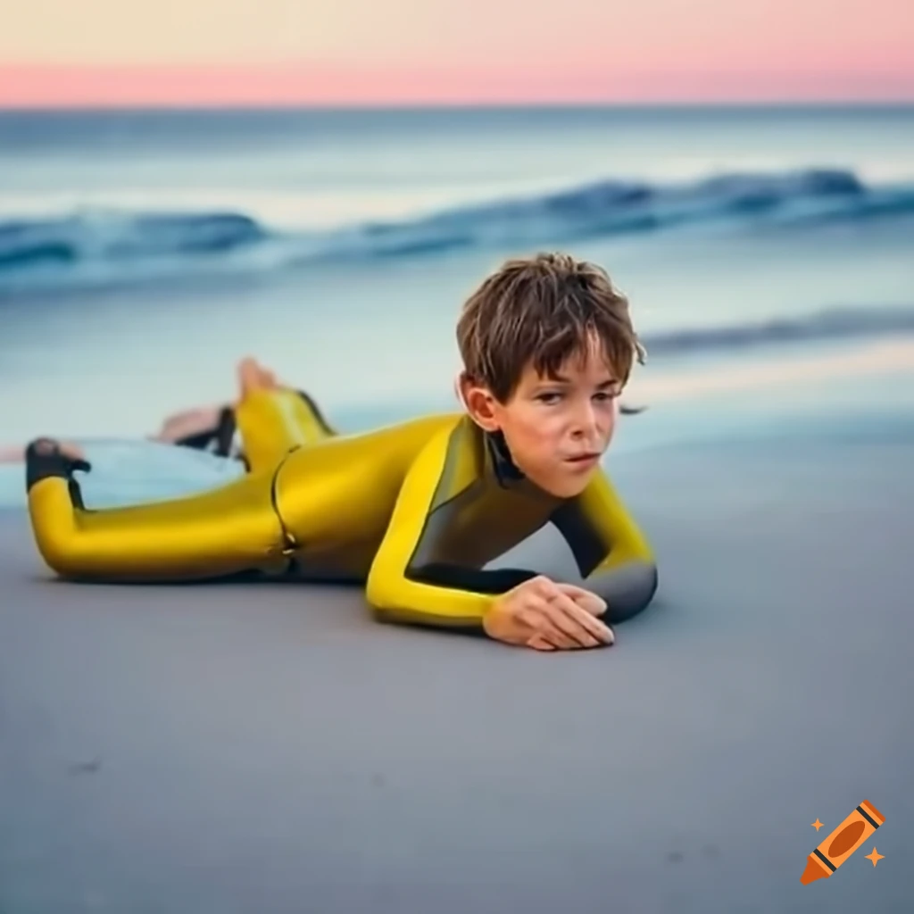 Surfer boy in a yellow and grey shorty wetsuit on the beach on Craiyon