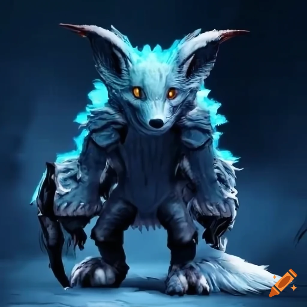 Hyper realistic sniper digimon fox in an apocalyptic blue world