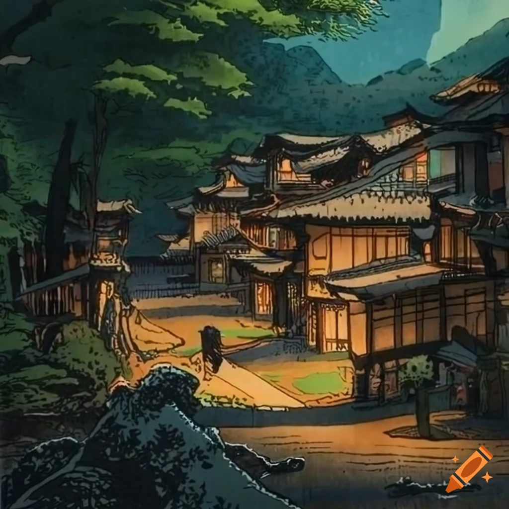Ukiyo-e drawing of a japanese village in a forest