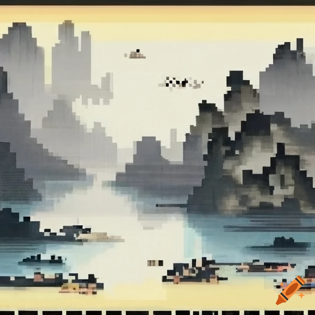 Chinese ink painting of rivers in pixel art