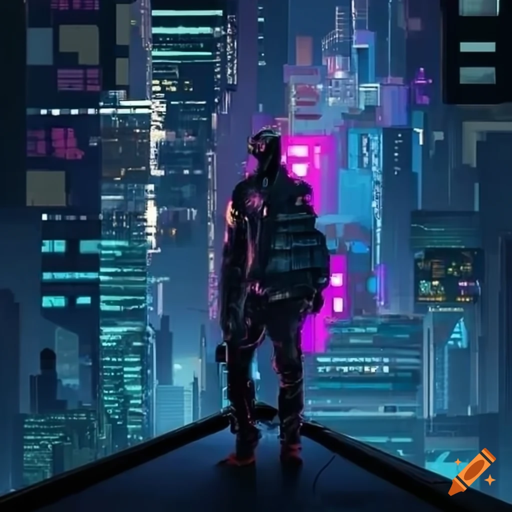 Cyberpunk man overlooking a futuristic city on Craiyon