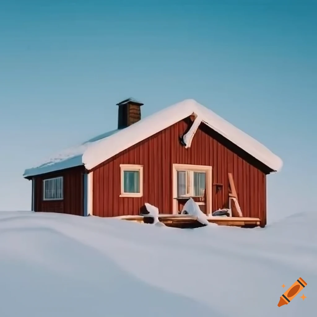 Scandinavian hut covered in snow on the coast