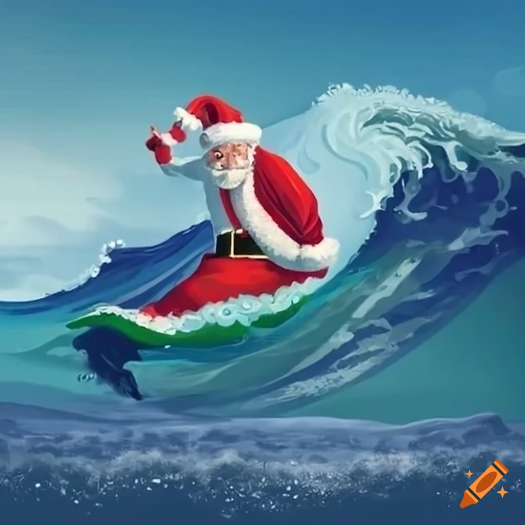 Santa claus surfing on a wave of red wine with a beer on Craiyon