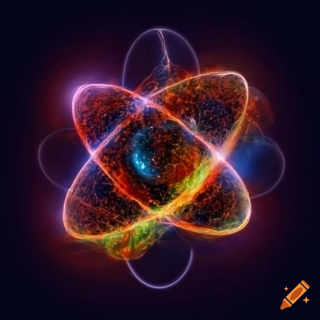 Illustration of an atom with electron clouds on Craiyon