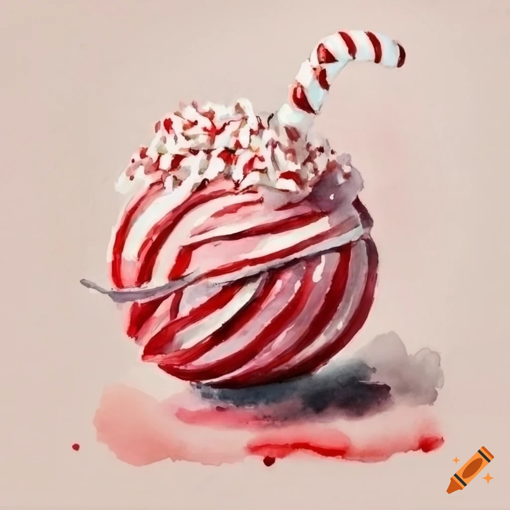 Watercolor painting of peppermint white hot chocolate bomb on Craiyon