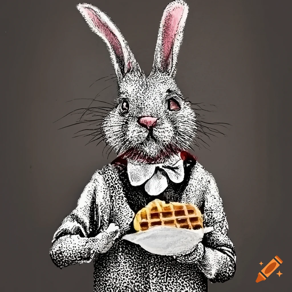 Stippling drawing of a butler rabbit serving waffles on Craiyon