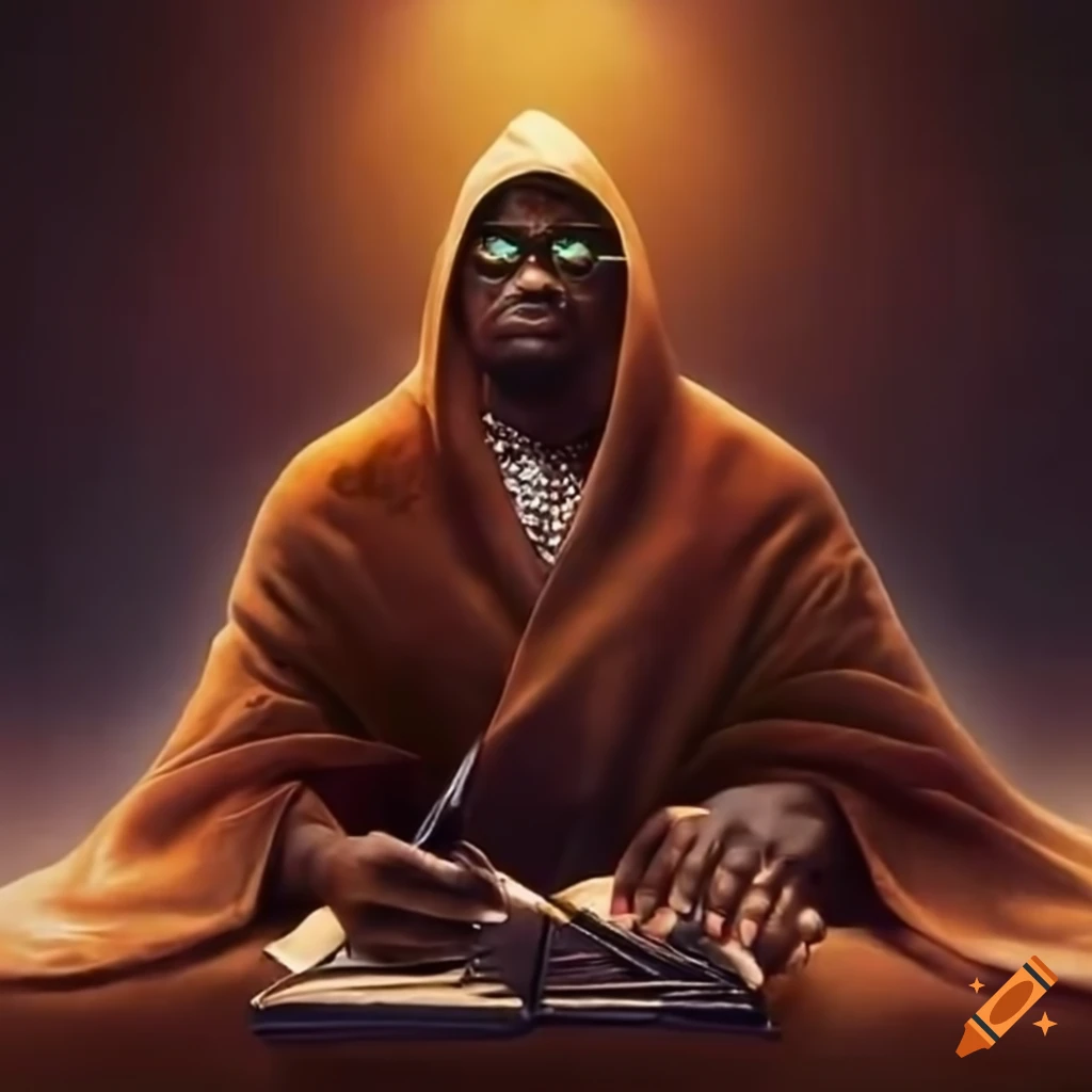 Image of a black man in magical robes writing in a book on Craiyon