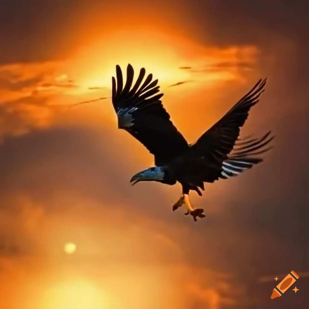 Screaming bald eagle flying under the sun