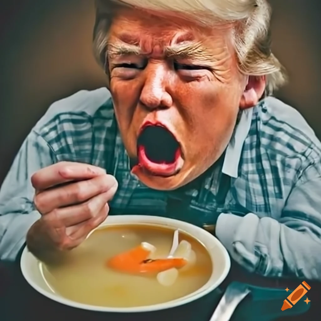 Satirical image of trump eating chicken soup on Craiyon