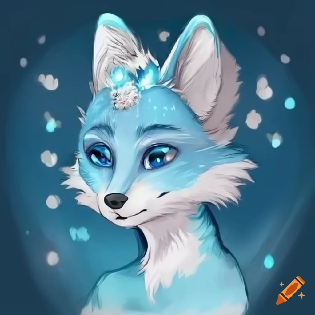 Anime-style illustration of a cute blue fox with crystal blue ears on ...