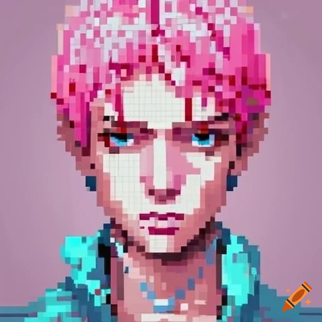 Pixel art of a white male with pink hair on Craiyon