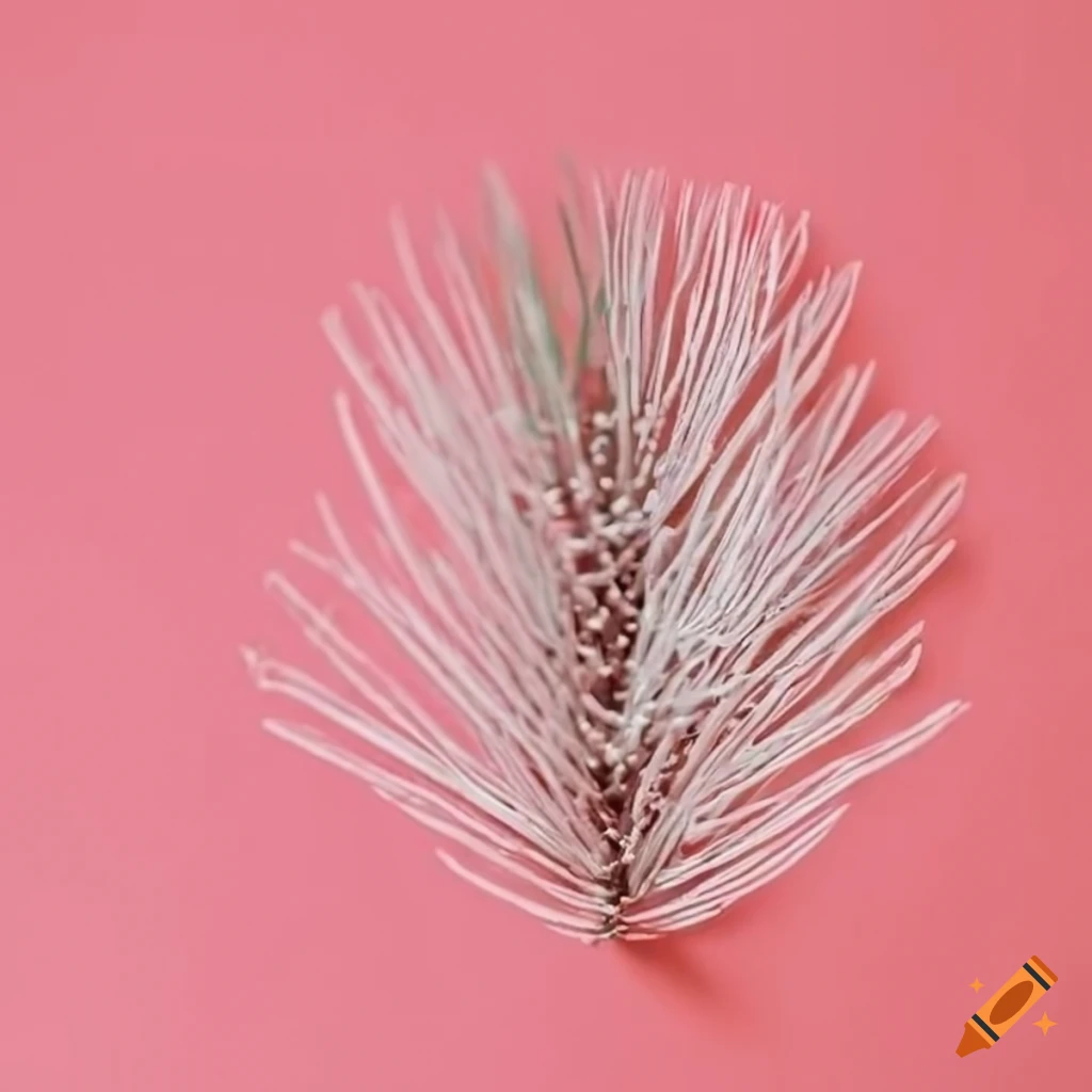 Close-up of white pine needle leaves on pink surface