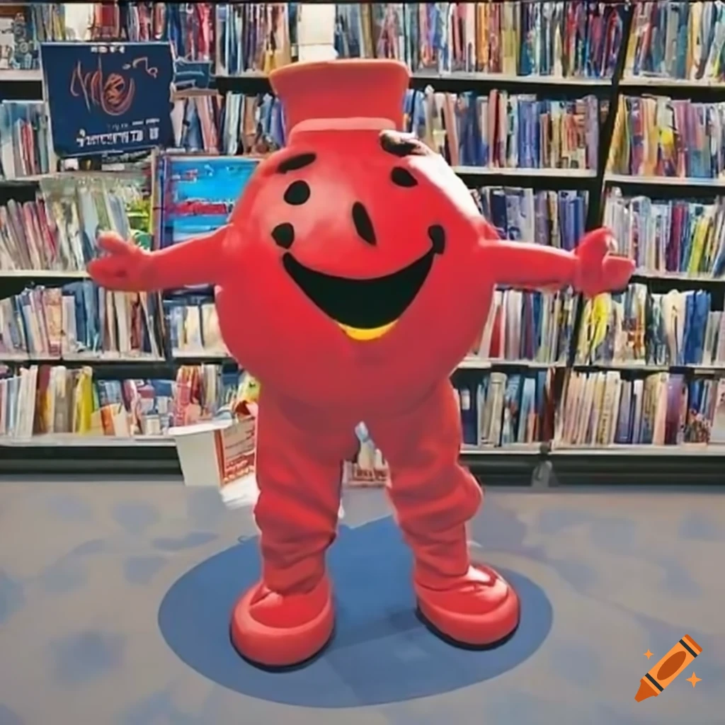 Kool-Aid Man mascot at a book fair on Craiyon