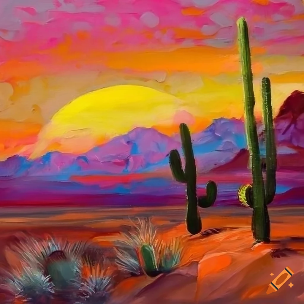 Oil painting of colorful desert landscape with cactus on Craiyon