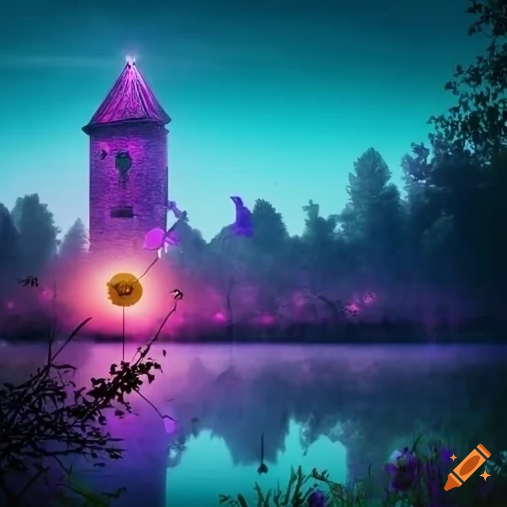 Magical meadow with glowing purple flowers and lightning bugs on Craiyon