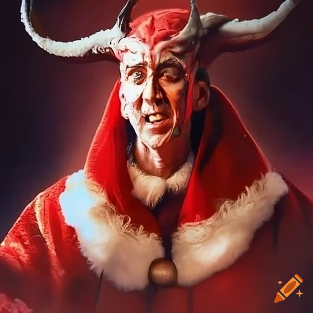 Photo of Nicolas Cage as Satan piloting Santa's sleigh on Craiyon