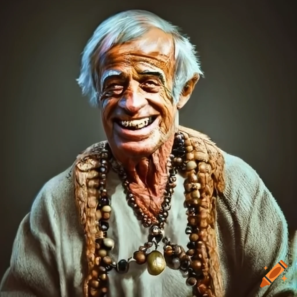 Portrait of a joyful grey-haired man with necklaces on Craiyon