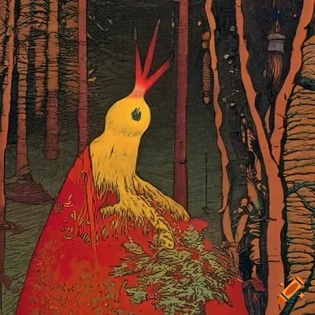 Illustration of a forest scene with native salish and russian fairytale ...