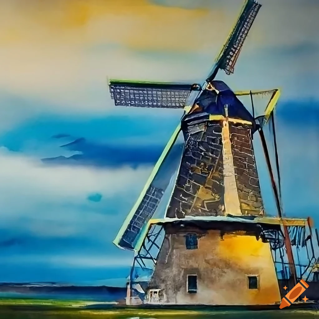 Abstract watercolor painting of a Dutch windmill on Craiyon