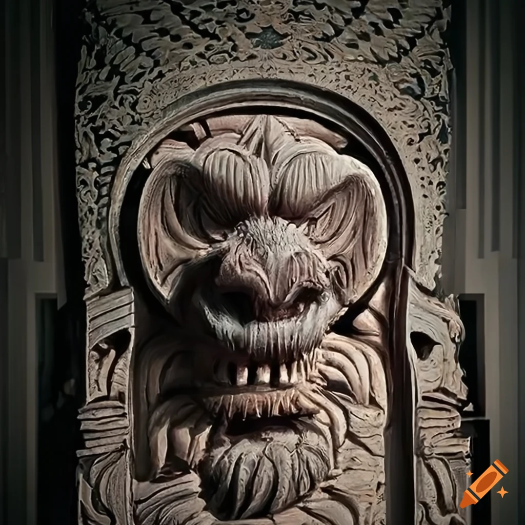 Wood carving of a moth and werewolf motif on Craiyon