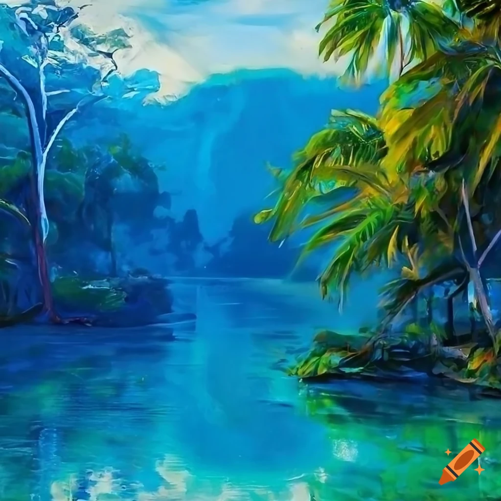Vibrant abstract painting of tropical island on Craiyon