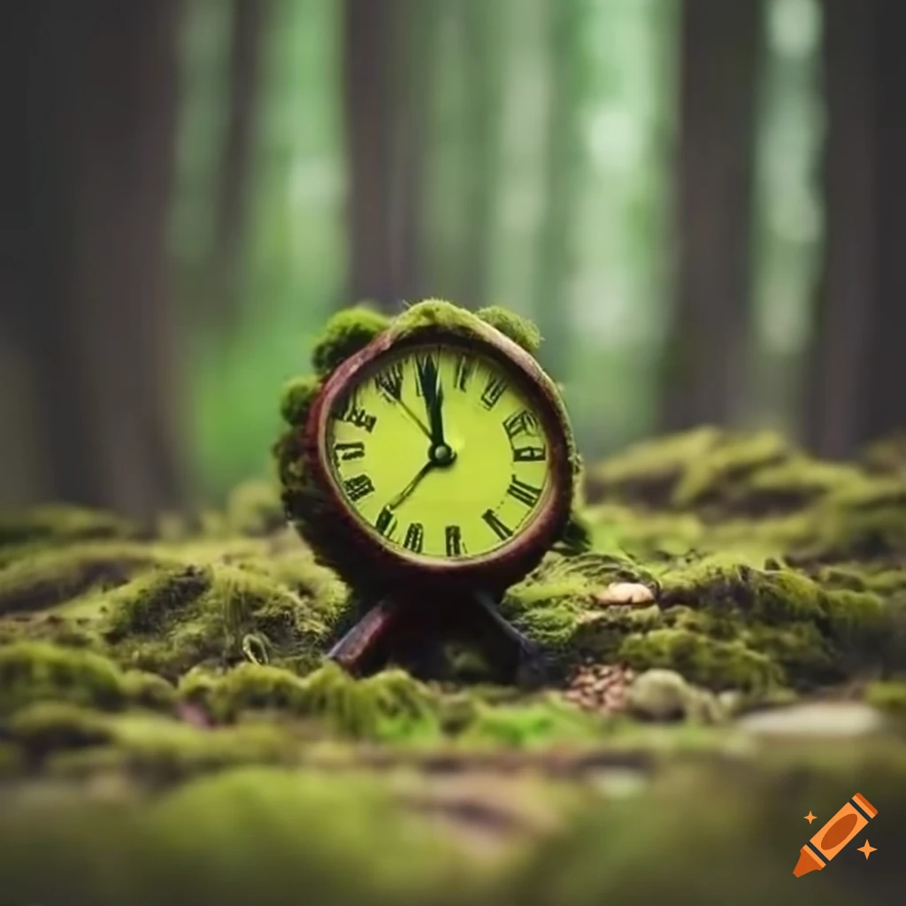 Moss-covered clock in a forest on Craiyon
