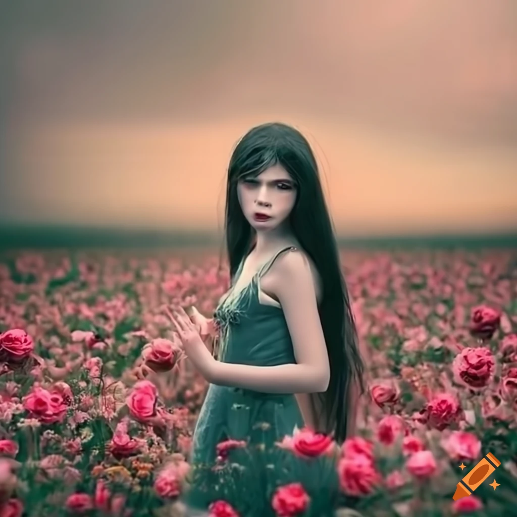 Girl standing among roses
