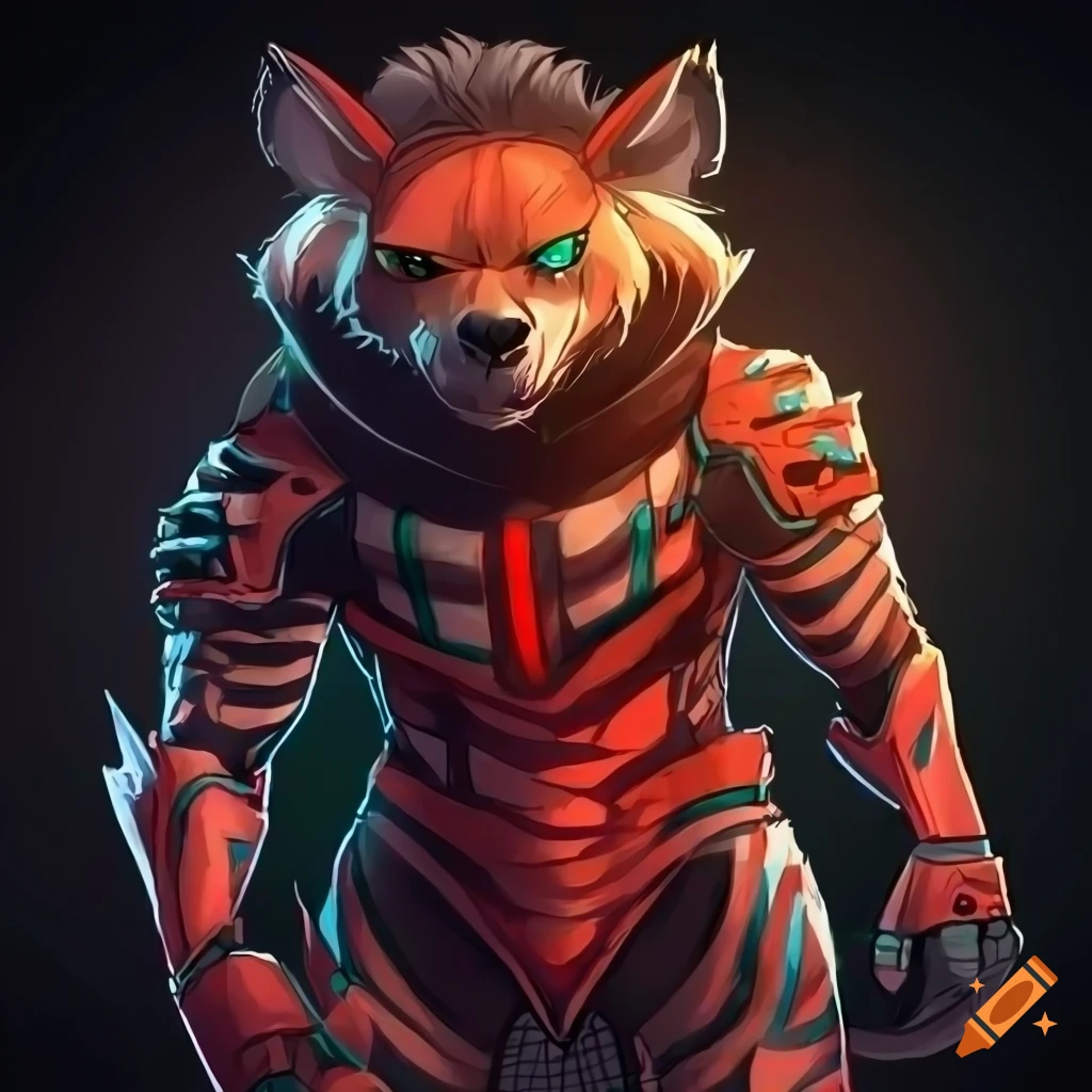 Heroic anthro hyena in red tech armor on Craiyon