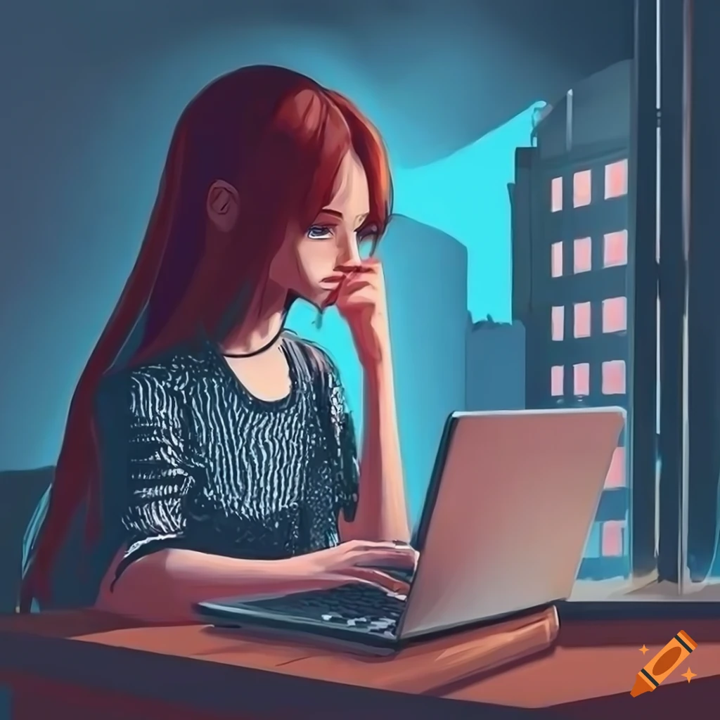Digital art of a girl working on a laptop with city view