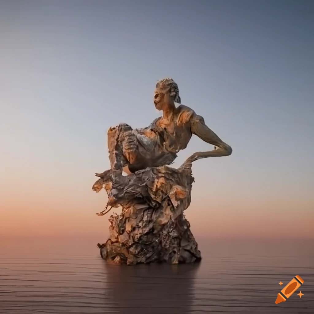 Close-up of a sculpture made of branches in a destroyed landscape on ...